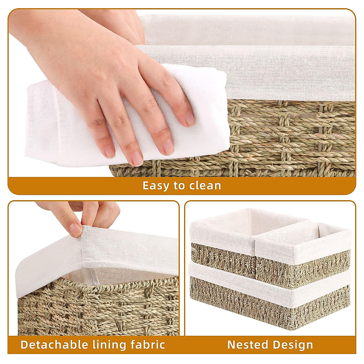 OUTBROS Wicker Storage Basket, Decorative Storage Baskets With Liner for Shelves,Toilet Paper Baskets,Storage Basket for Toilet Tank Top, 3-Pack,Seagrass