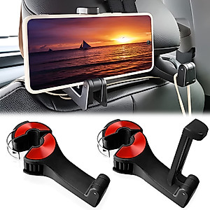 2 In 1 Car Seat Hooks for Purses and Bags with Phone Holder, 360 Degrees Rotation Headrest Hooks, Car Headrest Hidden Hook, Universal Car Headrest Storage Organizer Hanger Hook, Red