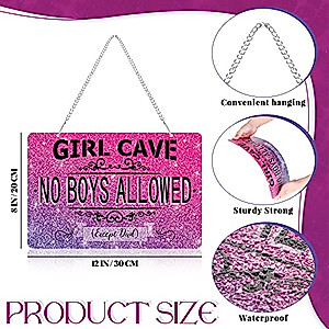 Hotop Girl Cave Metal Sign Funny No Boys Allowed Except Dad Sign Girl Room Wall Door Sign Decor with Chain for Teen Girls Daughter Bedroom Door Wall Decoration, 12 x 8 Inch