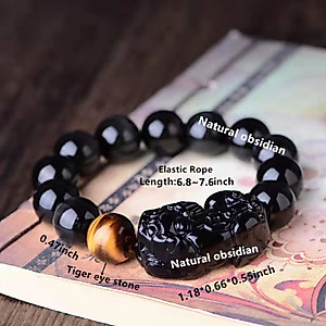 TTXSHYH Black Obsidian Bracelet,Feng Shui Black Obsidian Wealth Bracelet for Women Men Stretch Obsidian Bracelet with Pixiu Tiger Eye Stone Attract Wealth Money and Good Luck