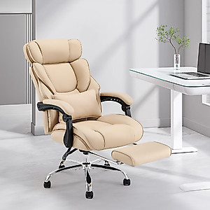 Office Chair with Footrest-Ergonomic Computer Chair with Extra Lumbar Support Pillow, High Back Executive Desk Chair Thick Bonded Leather, Large Home Office Work Chair with Wide Seat for Comfort-Khaki