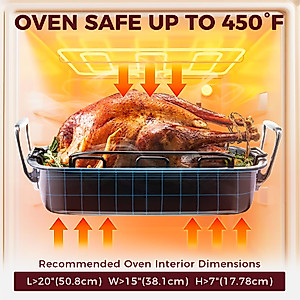 HONGBAKE Nonstick Turkey Roasting Pan with Rack - 18.7×13.6 Inch Extra Large Roaster Pan for 25 lb Chicken, Deep Turkey Tray for Oven, U-Shaped Rack, Wider Handles, Heavy Duty, Non Toxic, Grey