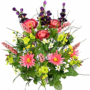 Admired By Nature 30 Stem Artificial flowers Morning Glory & Ranunculus Bush Spring Faux Flower Arrangement for Outdoor & Indoor Wedding home decor, Cemetery Decorations For Grave, GARDEN MIX