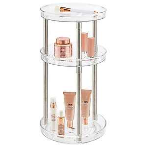 mDesign Spinning 3-Tier Lazy Susan 360 Rotating Makeup Organizer Storage Tower - Beauty Cosmetic Organization Caddy for Bathroom Vanity, Countertop, Makeup Table - Ligne Collection - Clear