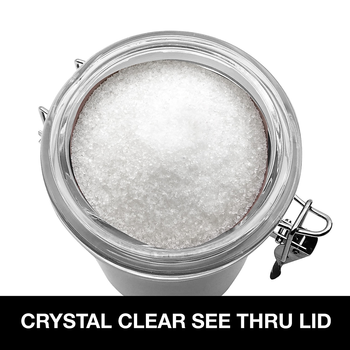 Oggi Stainless Steel Sugar Canister 62 fl oz - Airtight Clamp Lid, Clear See-Thru Top - Ideal Sugar Container for Countertop, Sugar Jar, Bulk Sugar Storage. Large Size 5" x 7.5".