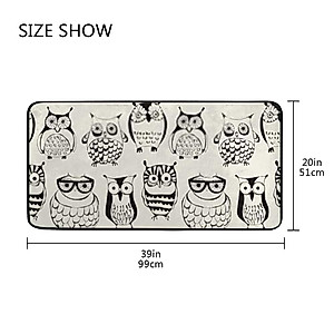 Black and White Kawaii Cartoon Cute Animals Owls Kitchen Rugs and Mats Machine Washable Area Rugs Non Slip Rug Absorbent Mat Carpets for Floor, Kitchen, Bathroom, Sink, Office, Laundry.