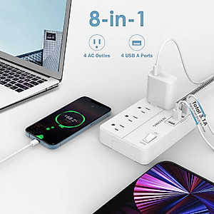 SIYOMG Power Strip, 5 FT Braided Extension Cord with Flat Plug, 4 Widely AC Outlets and 4 USB Ports, Charging Station for Dorm Home Office Travel, White