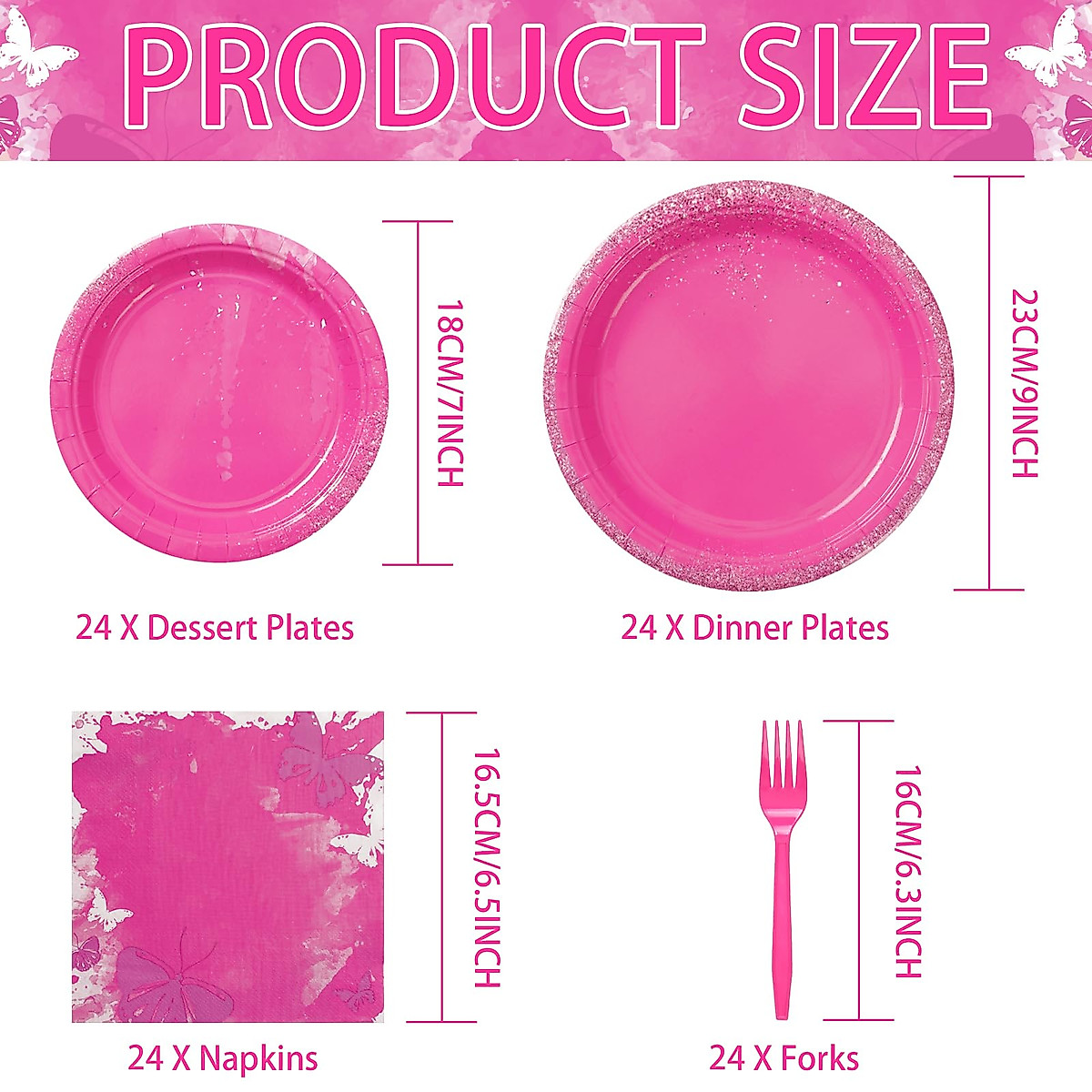 96Pcs Hot Pink Party Supplies Hot Pink Plates and Napkins Tableware Set Hot Pink Party Decorations for Pink Valentine's Day, Birthday, Wedding, Bridal Shower Party, Serves 24