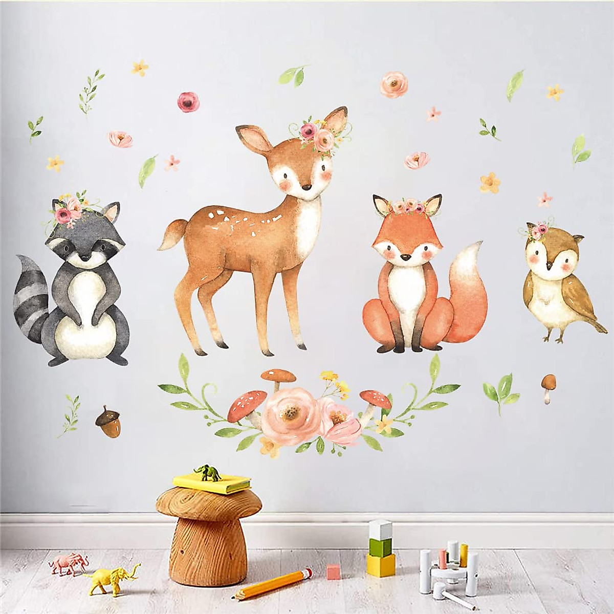 Supzone Woodland Animal Wall Decals Cartoon Animal Wall Stickers Cute Raccoon Deer Fox Owl Forest Animal Wall Decal for Kids Baby Nursery Playroom Bedroom Wall Decor