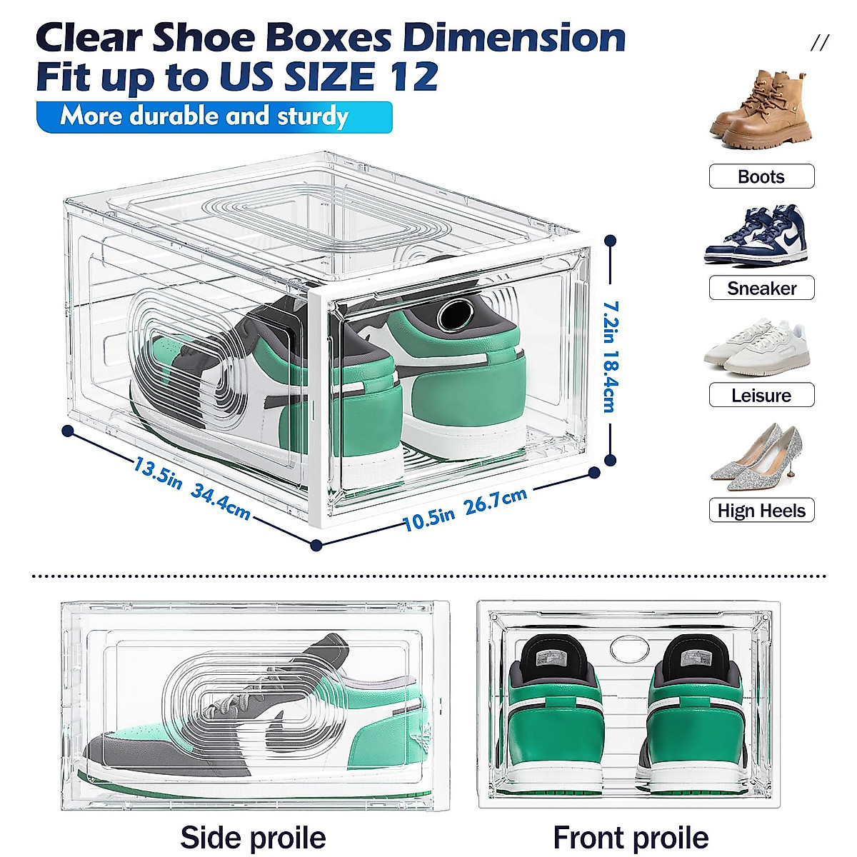 YFXCVSL 8 Pack Thicken Shoe Organizer - Upgrade Sturdy Shoe Boxes Stackable Shoe Storage Containers with Magnetic Door, Thicken Sneaker Storage Fit up to US Size 12,White