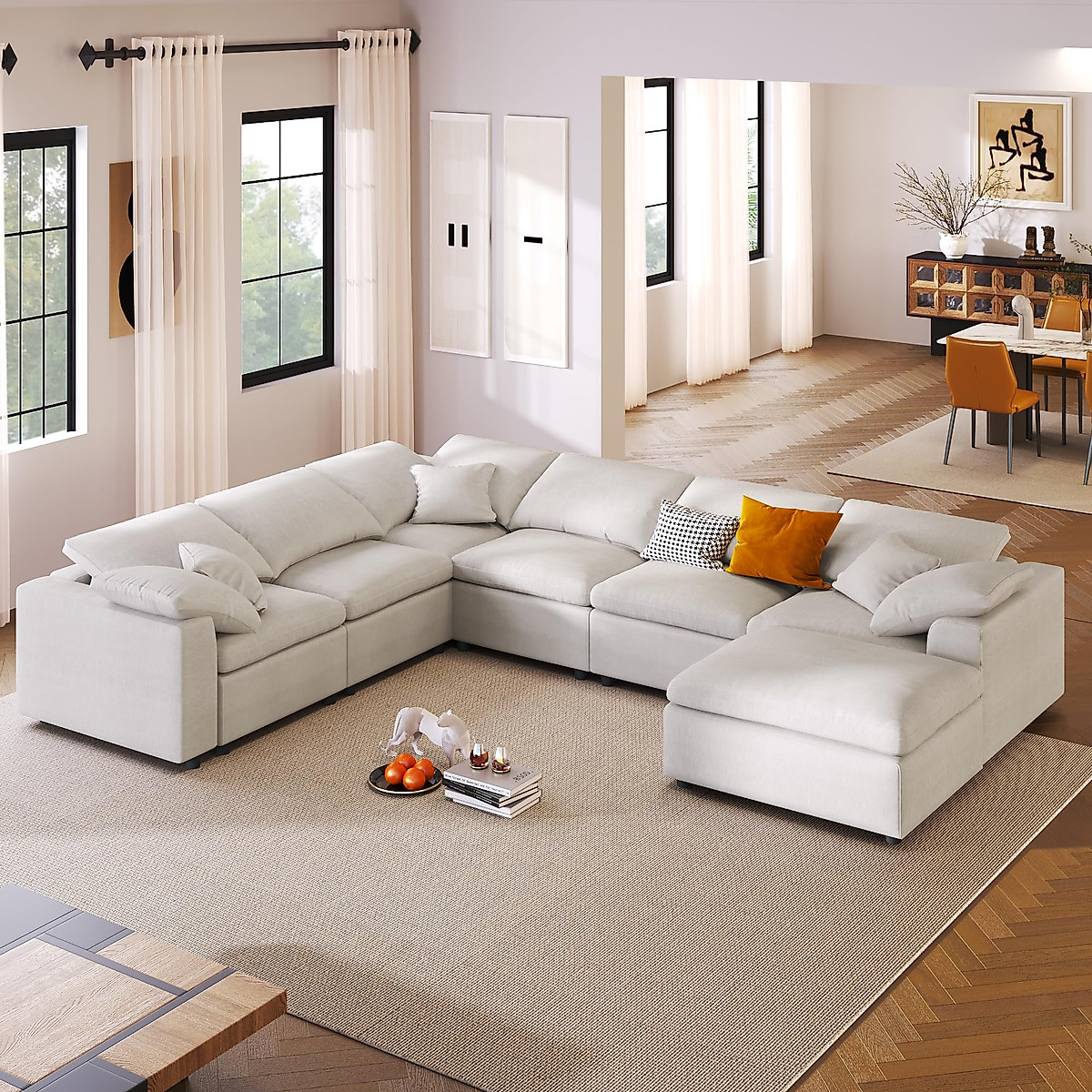 VASOENY 129.3'' U Shape Modular Sectional Sofa, Oversized Polyester Fabirc L Shaped Couch, 6 Seat Corner Sofa Couch with 5 Pillows and Ottoman Chaise for Living Room, Office