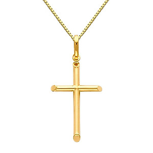 The World Jewelry Center 14k REAL Yellow Gold Religious Cross Pendant with 0.8mm Box Link Chain Necklace - 16"