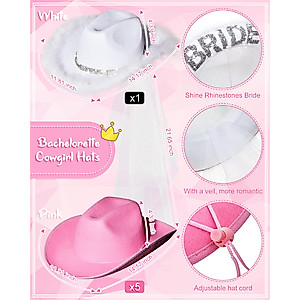 Jecery Bachelorette Party Set: Bride Cowgirl Hat with Veil, 5 Pink Hats, 6 Heart Sunglasses, and 6 White & Pink Bandanas for Last Rodeo