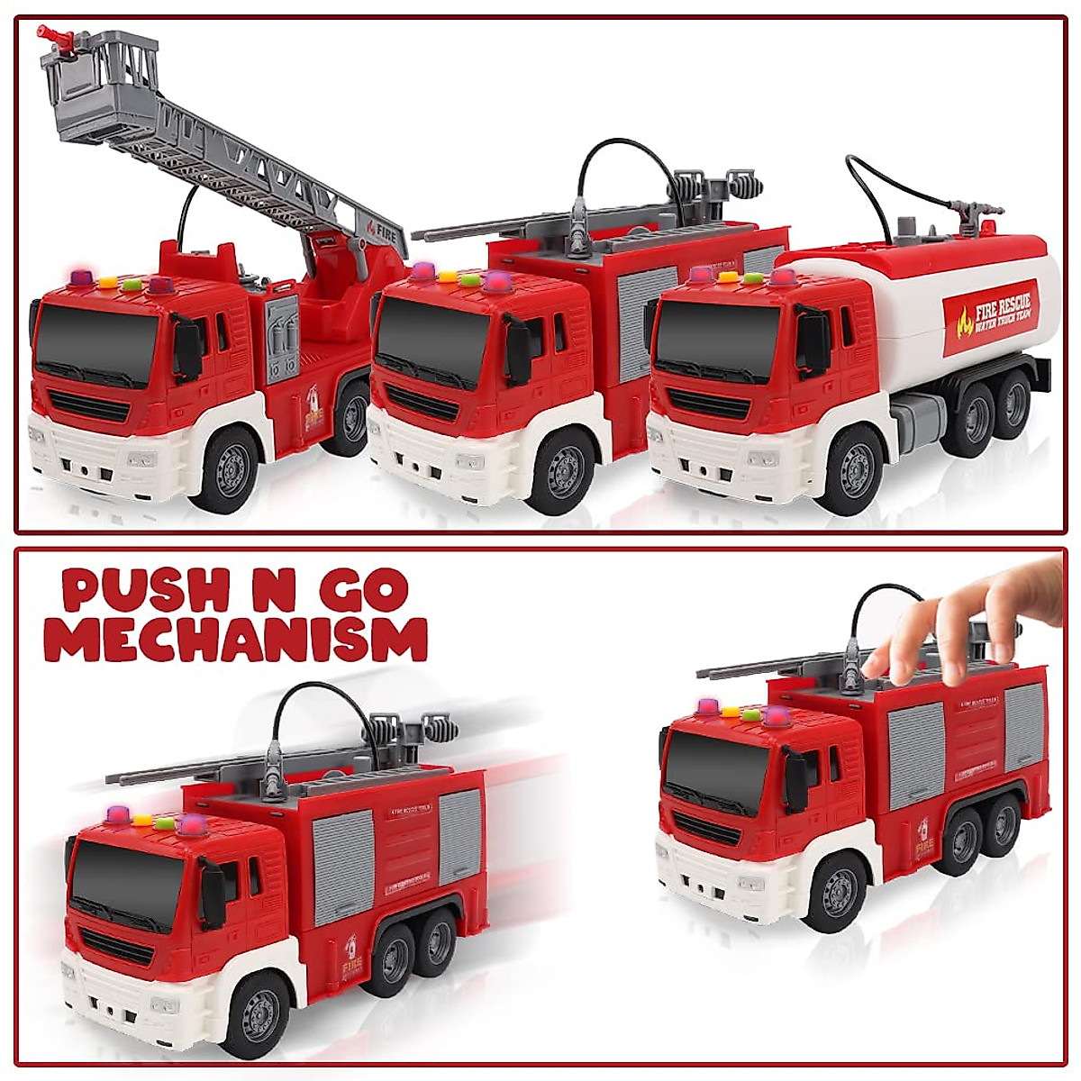 ArtCreativity Light Up Fire Trucks for Kids, Set of 3, Includes Ladder Truck, Tanker Truck, & Engine Truck, Fire Trucks with Real Water Spraying, LEDs, & Sound, Push n Go Fire Trucks for Boys & Girls