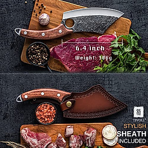 TIVOLI Viking Meat Cleaver Knife with Sheath, Hand-Forged Carbon Steel Full Tang Cooking Knife, Caveman Viking Butcher Knife for Kitchen Outdoor Camping BBQ