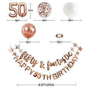 Rose Gold Fifty & Fantastic Happy 50th Birthday Banner Garland Foil Balloon 50 for Womens 50th Birthday Decorations Hanging 50 and Fabulous Cheers to 50 Years Old Birthday Party Supplies Backdrop