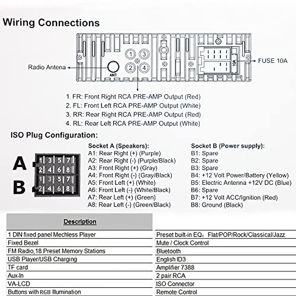 Single Din Car Audio System, FM Radio Receiver, in-Dash Car Stereo, Bluetooth Hands-Free Calling, MP3 Player, USB, AUX-in, IR Remoter, 7-Color Illumination, 12V