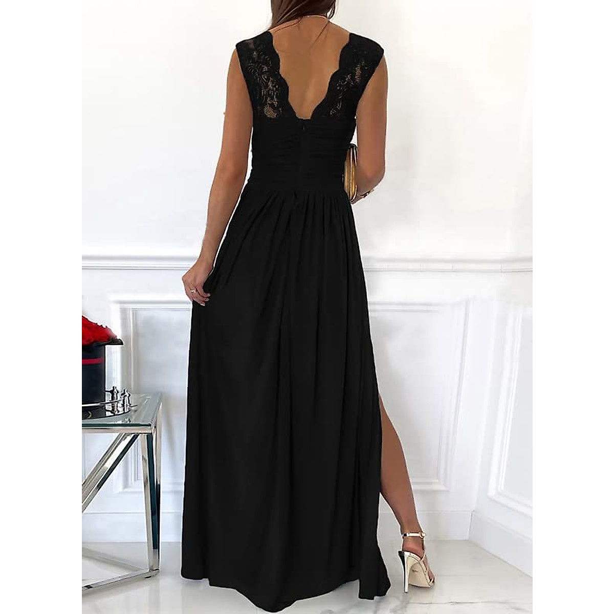 Dokotoo Womens Ladies Elegant Floor Length A Line Wrap Deep V Neck Backless Ruched Pleated Ruffled Split Long Maxi Formal Evening Party Prom Dress Bridesmaid Wedding Guest Dresses Black M