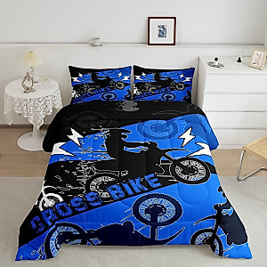 Erosebridal Boys Dirt Bike Bedding Sets Twin Motocross Comforter Set Dirtbike Room Decor for Boys Kids Girls Adult,Rider Motorcycle Bed Set Cool Extreme Sports Comforter Sets 2Pcs,Blue Black