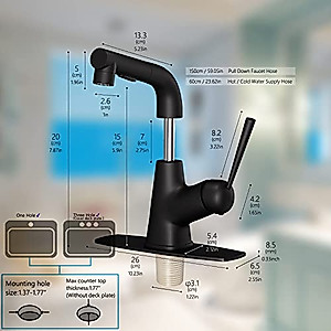 Joozer Matte Black Bathroom Pull Out Faucet Bathroom Faucet with Pull Out Sprayer RV Faucet for Bathroom Sink Lavatory Single Hole 3 Mode Rotating Spout for Cold and Hot Water with 6 Inch Deck Plate