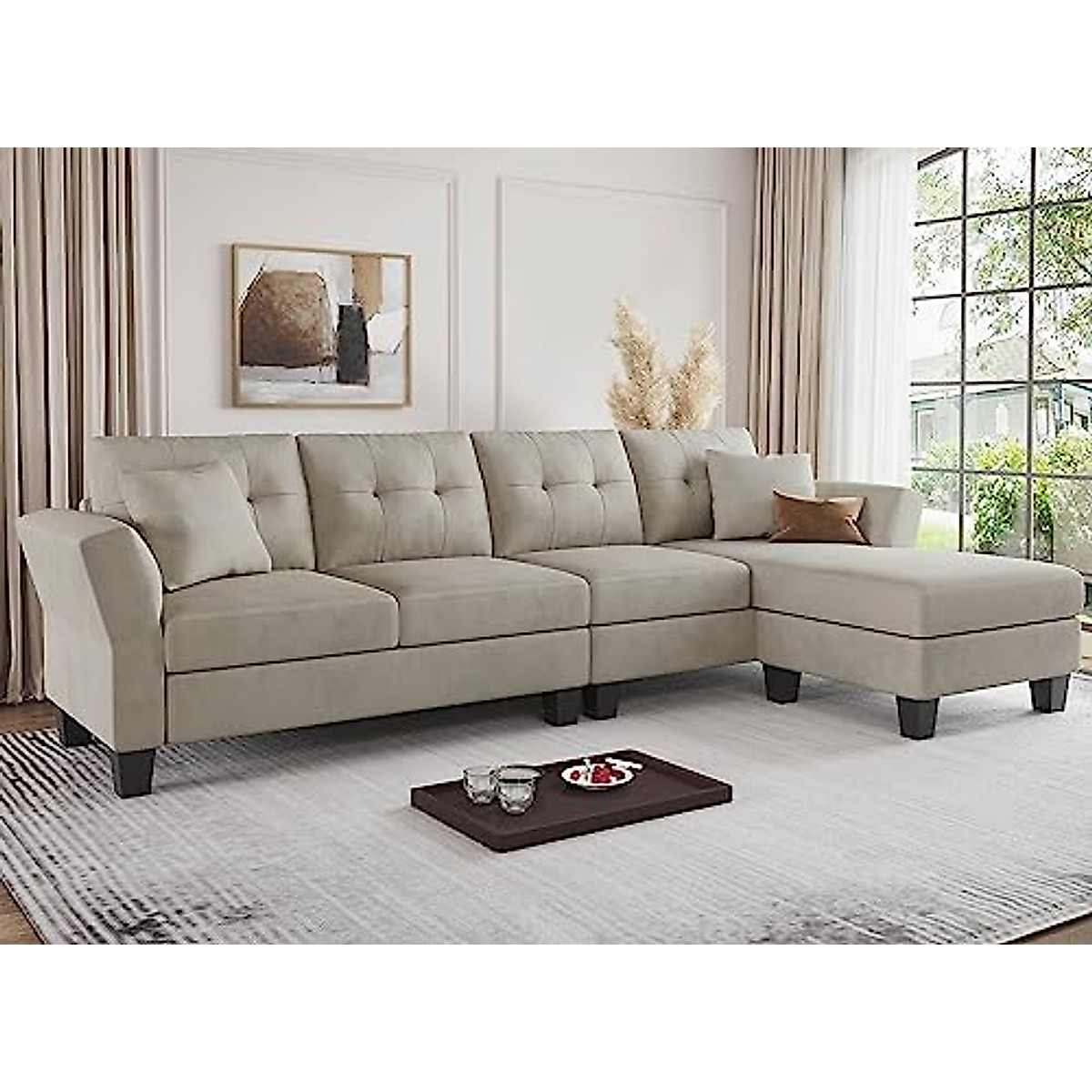 Belffin Convertible Sectional Couch Velvet L Shaped Sofa 4 Seat Sofa with Chaise L-Shaped Couches Reversible Sectional Sofa (Light Grey, L Shaped Couch)