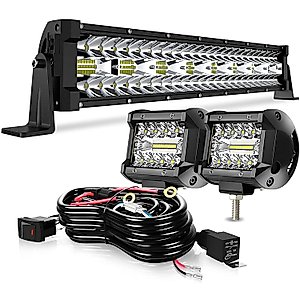 DOT 22Inch Triple Row 450W LED Light Bar+2PCS 4Inch Led Fog Cube Pods+Wiring Kit for Driving Lamps Marine Boat Ram Polaris Honda Can Am Defender Dodge GMC UTV ATV Frontier Commander Tractor 4 Wheeler