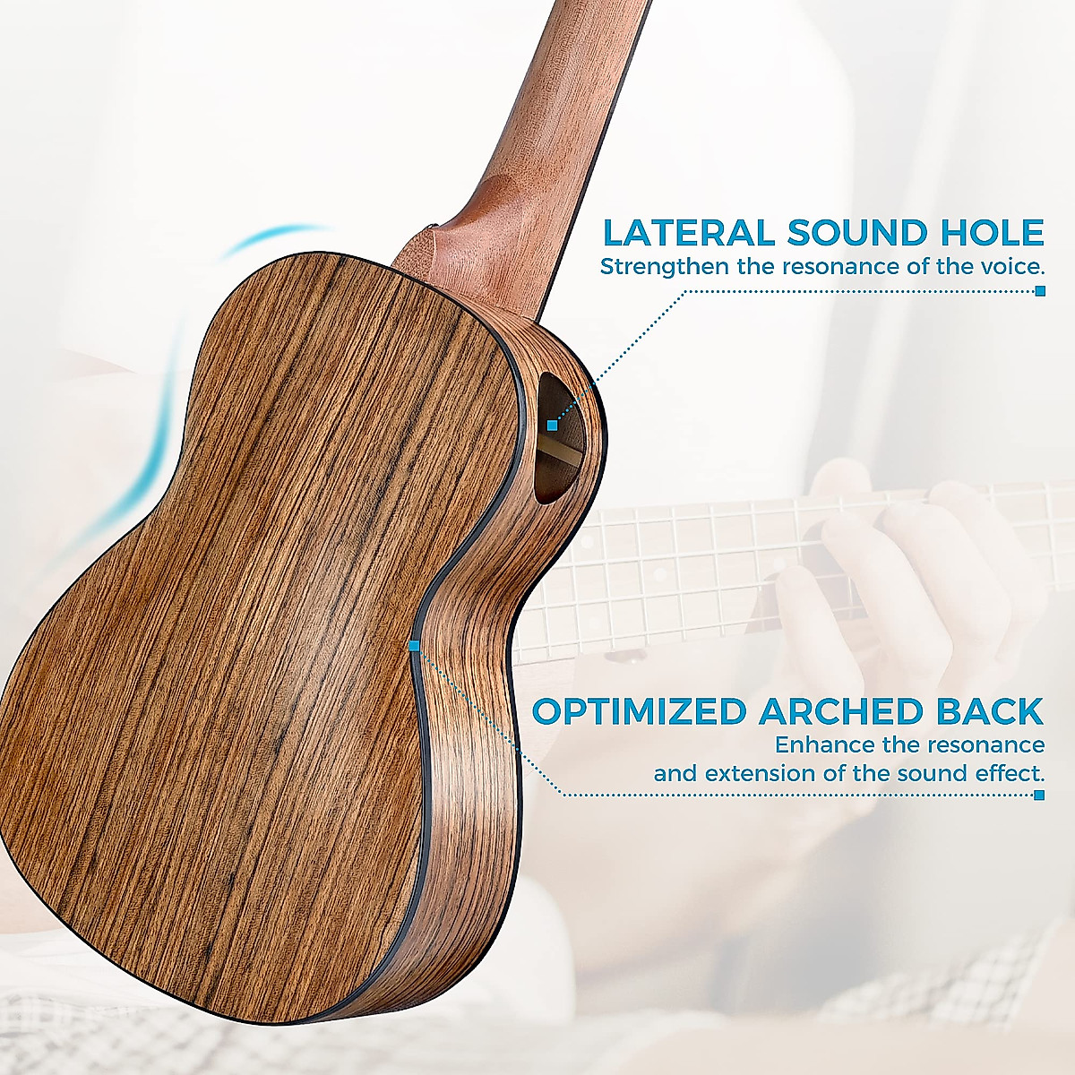 WINZZ AU88LAB Walnut Concert Ukulele Side Sound Hole Arched Back with Online Lessons, Gig Bag, Strap, Capo, Wall Hanger, 23 Inches