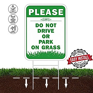 Please Do Not Drive Or Park On Grass Sign, 2Pack Keep Off The Grass Yard Sign with Metal Wire H-Stakes, 16" x12" Stay Off Grass Signs Double Sided UVresistance, Waterproof, Easy to Install