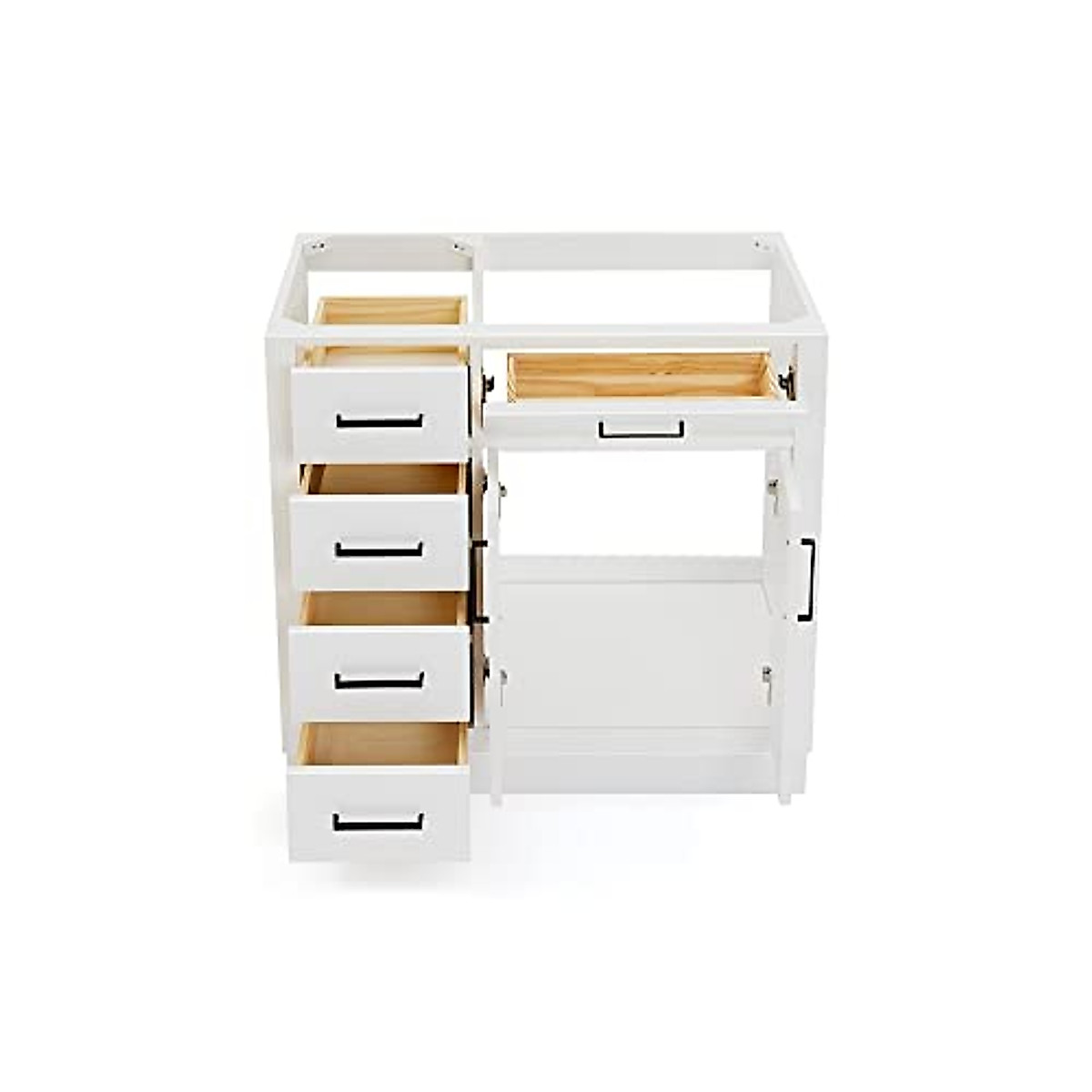ARIEL Hepburn Bathroom Vanity Base Cabinet 36" White, Right Offset Sink Configuration, 2 Soft Closing Doors, 5 Full Extension Dovetail Drawers, Toe Kick, Matte Black
