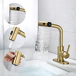 TRIPHIL Waterfall Bathroom Faucets with 3 Mode Pull Down Sprayer,Single Handle Modern Bath Sink Faucet with Pop Up Drain and Deck Plate,Brusehd Gold 1 Hole RV, Bar,Restroom,Lavatory,Vanity Tap