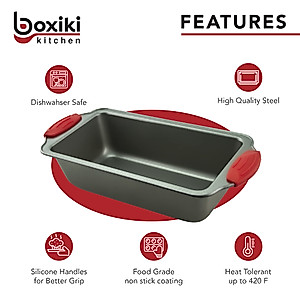 Boxiki Kitchen Premium Baking Set: Silicone 9x5 Inch Bread Loaf Pan & Non-Stick Steel 8.5 Inch Banana Bread Pan with Silicone Handles.