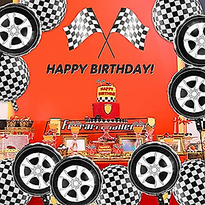 12 Pieces Black and White Checkered Balloons, Race Car Balloons Car Wheel Balloons Tire Balloons Aluminum Foil Checkered Flag Balloons for Racing Theme Birthday Party Decoration Supplies 18 Inch