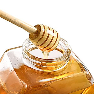 DEAYOU 4 Pack 7 Oz Honey Pot Jars, Glass Honey Pot with Wooden Dipper and Cork Lid, Hexagon Shape Honey Container Dispenser Storage, Clear Heat-Resistant Honeypot for Home, Kitchen