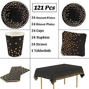 24 Guests Black and Gold Party Supplies Disposable Party Plates Tableware Cups Napkins Straws Table Cloth for 18th 50th 70th Birthday Party 1920s Cocktail Halloween Plates Gold Dot Black Paper Plates