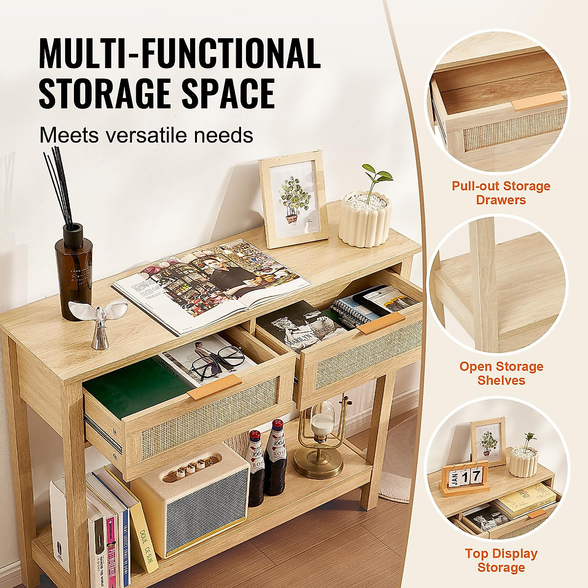 VEVOR Rattan Console Table with 2 Storage Drawers, Rattan Entryway Table with Natural Rattan Sliding Door, Console Sofa Table for Living Room, Study, Entryway Or TV Wall, Natural