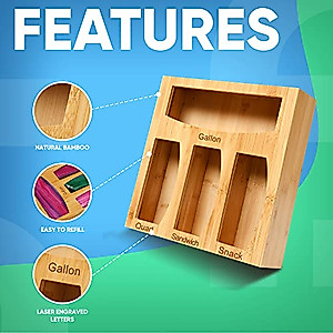 FreshSpaces- Ziplock Bag Organizer for Drawer - Bamboo Kitchen Food Storage Bag Organizer Holder, Gallon Quart Snack and Sandwich Baggie Organizer Compatible with Ziploc