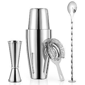 X Home Cocktail Shaker Set, Professional 4-Piece Bartender Kit with Boston Shaker, Hawthorne Strainer, Double Measuring Cocktail Jigger, and 10-inch Mixing Spoon, Bartender's Choice