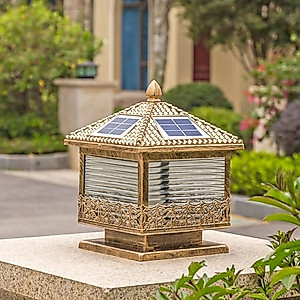 LED Outdoor Solar Post Light Square European Retro Waterproof Column Lights Square Remote Control 3-Color Dimming Pillar Lantern Acrylic Striped Lamp Shade Bronze Doorway Pole Light