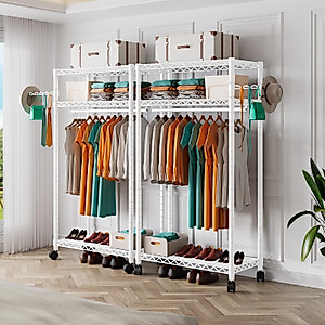 PUNION Heavy Duty Rolling Garment Rack,Portable Clothes Rack for Hanging Clothes,Clothing Rack,Wardrobe Storage Rack with 3 Shelves,1 Hang Rod,1 Side Hook,36" Lx18 Wx71 H, Max Load 500LBS, White,GR1