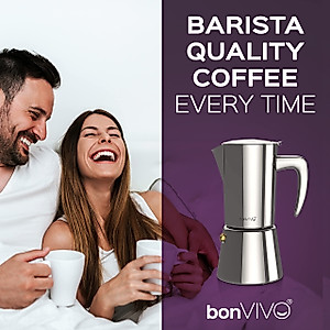 bonVIVO Intenca Stovetop Espresso Maker - Luxurious, Stainless Steel Italian Coffee Maker for Camping or Home Use - Makes 2 Cups of Full-Bodied Coffee - Chrome, 6.8 oz