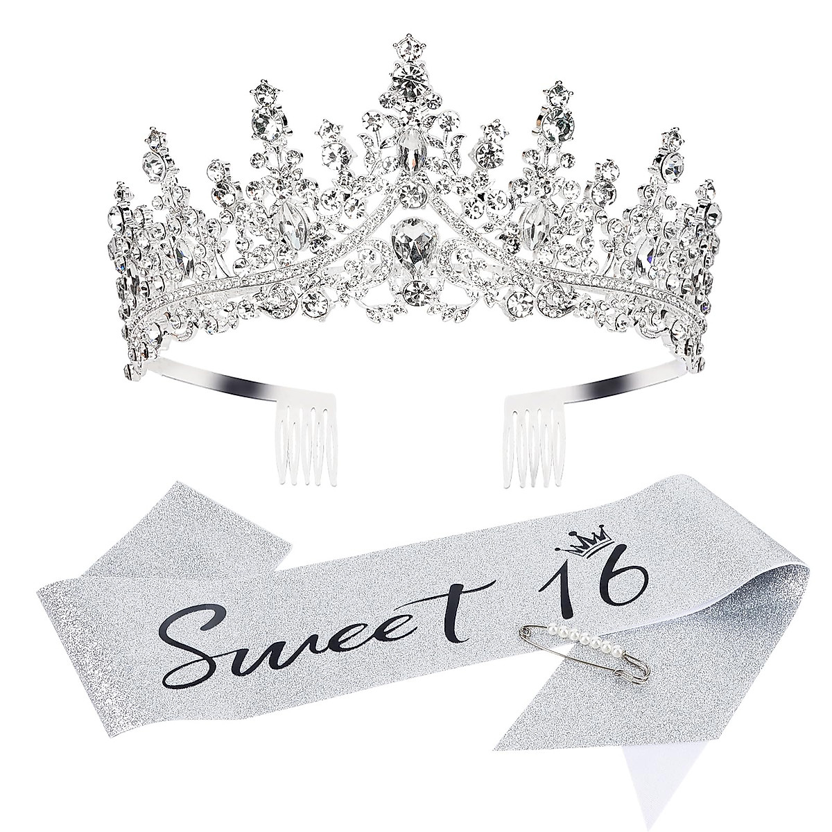 Casoty Sweet 16 Birthday Sash, Tiara Set with Pearl Pin, and Decorations for Girls