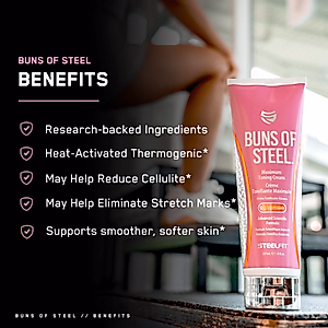 SteelFit Buns of Steel Cellulite Cream | 30-45 Days of Supply | Heat-Activated Maximum Definition Cream for Tight & Toned Glutes | Firming Body Lotion for Pre & Post Workout