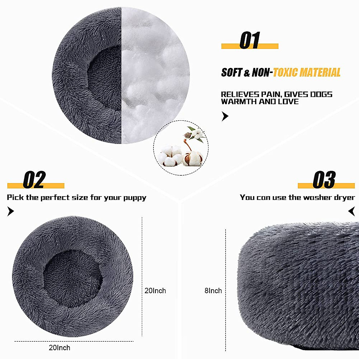 Kimpets Dog Bed Calming Dog Beds for Small Medium Large Dogs - Round Donut Washable Puppy Dog Bed, Anti-Slip Faux Fur Fluffy Donut Cuddle Anxiety Cat Pet Bed(20" Dark Grey)