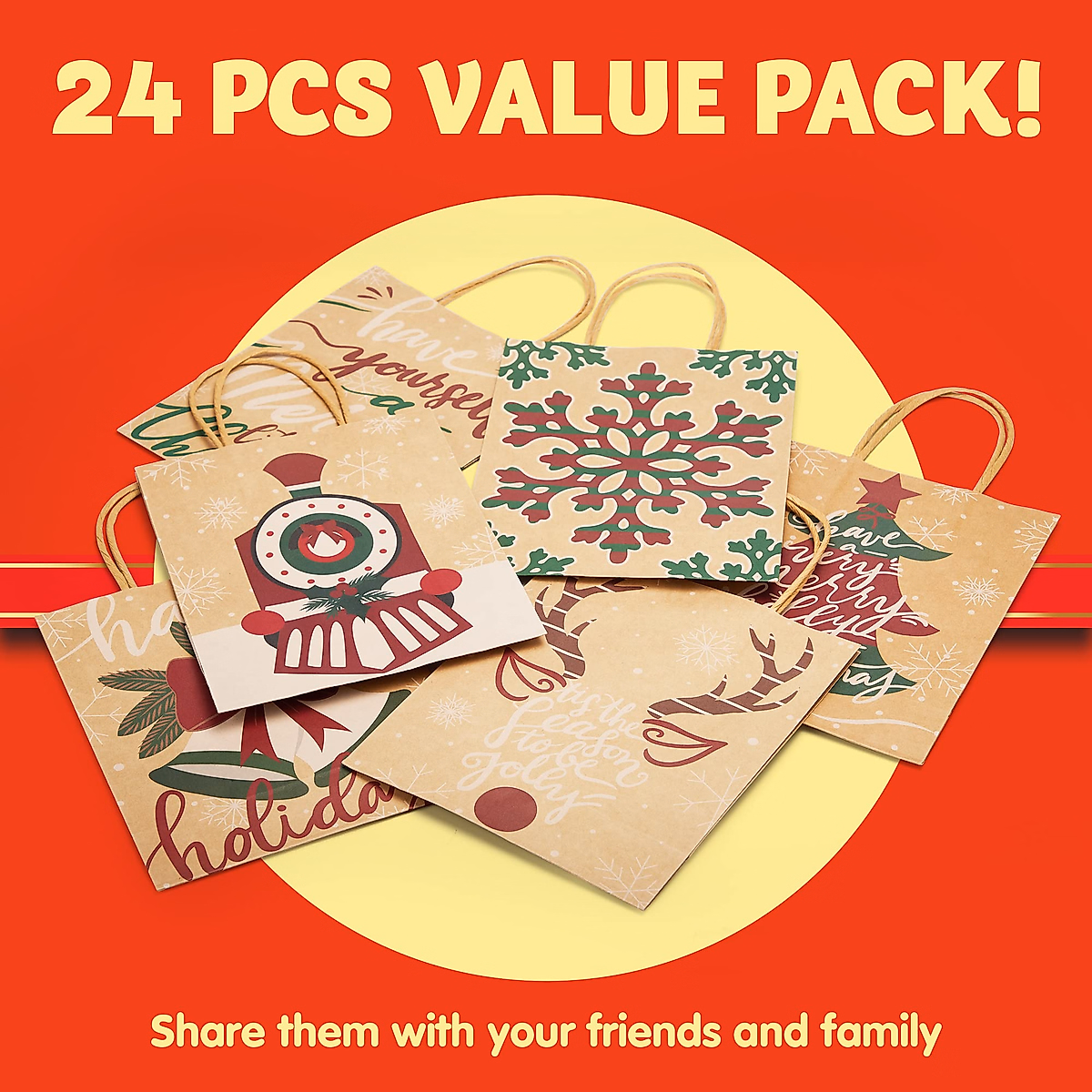 JOYIN 24 PCS Christmas Kraft Bags, Paper Gift Bags with Christmas Characters for Xmas Party Favors, Goody Gift Bags, Holiday Treat Box and Presents 7.25x9x3.5 Inch (not included tissue paper)