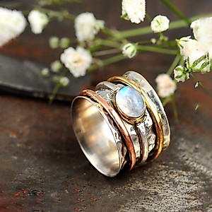 Boho-Magic 925 Sterling Silver Spinner Moonstone Ring for Women with Copper and Brass Fidget Rings Bands (8)