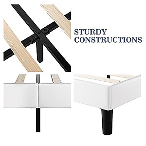 Allewie Full Bed Frame with Adjustable Diamond Stitched Button Tufted Headboard/Faux Leather Upholstered Platform Bed with Easy-Assembly Wood slats, White