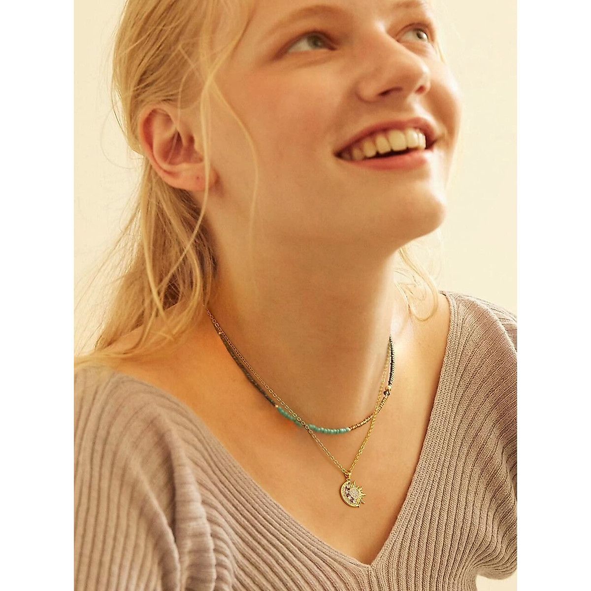 PERNNLA PEARL 18K Gold Cresent Moon Star Sun Pendant Necklaces for Women Dainty Celestial Coin Cute Necklace Layered Chain Necklaces Women Jewelry 18”