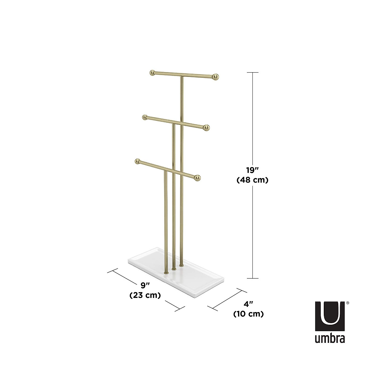 Umbra Trigem Hanging Jewelry Organizer Tiered Tabletop Free Standing Necklace Holder Display, White/Gold