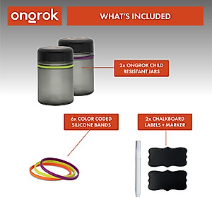 ONGROK Glass Storage Jar, 500ml, 2 Pack, Color-Coded Airtight Glass Containers, UV Herb/Spice Jar to with Child Resistant Lid, Perfect Size Jar to Store in a Drawer or Cupboard