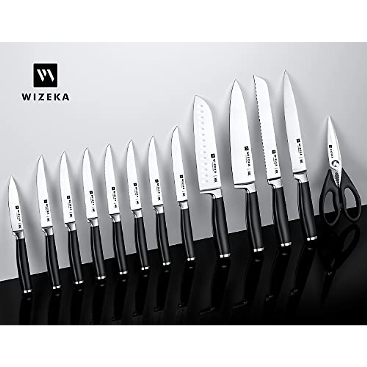 WIZEKA Knife Set, NSF Certified 15pcs Kitchen Knife Set, 1.4116 German Stainless Steel Knife Sets for Kitchen With Block, Full Tang Design&Comfortable Anti-Slip Handle, Black Knight Series